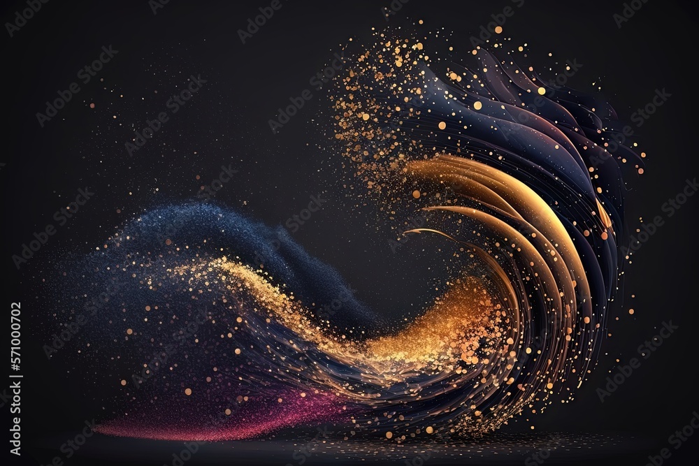 Magical neon background with bokeh and tiny particles, explosion and swirl of sparkles and ...