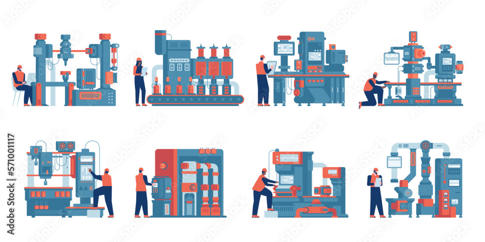 Smart factory with conveyor belt controlled by AI robots. Industry ...