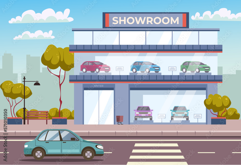 Car showroom dealership shop center store auto rental dealer concept ...