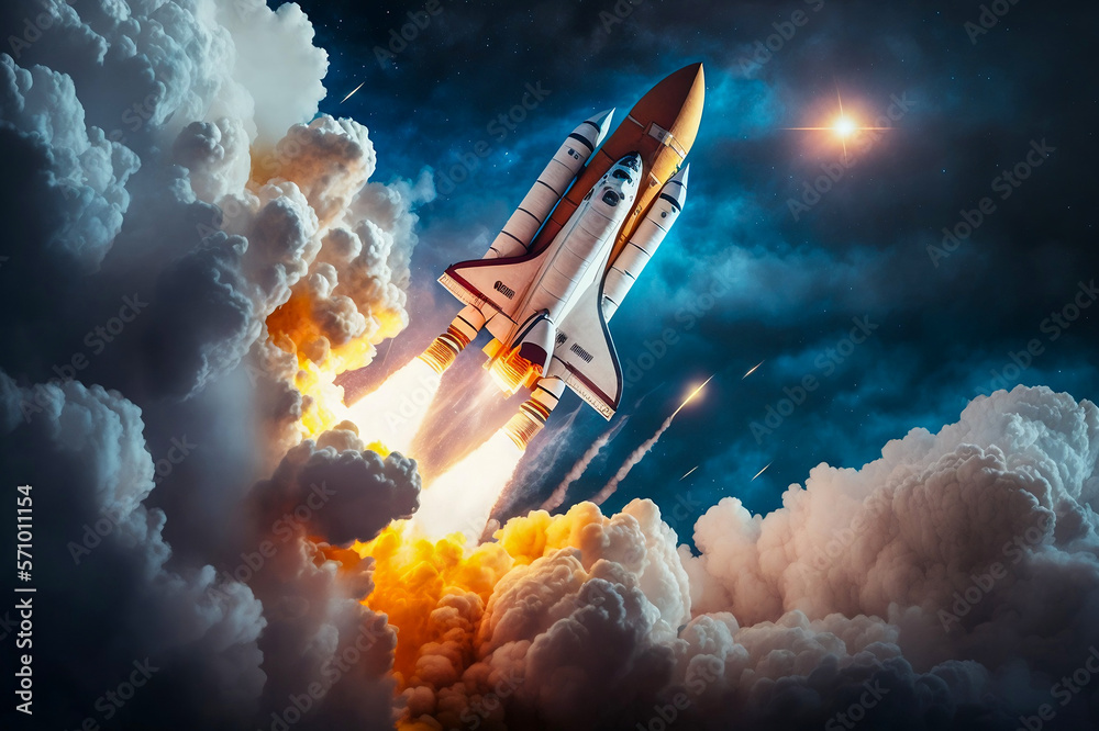 Spaceship flying over the earth. Space flights. View of the setting sun ...