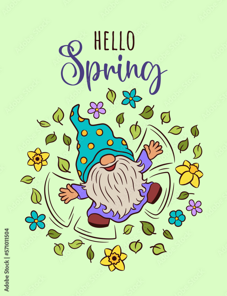 Happy gnome cute spring card design. Hello spring text calligraphic ...