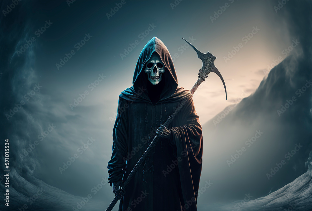 Skeletal figure of Grim Reaper, shrouded in a dark, hooded robe and ...