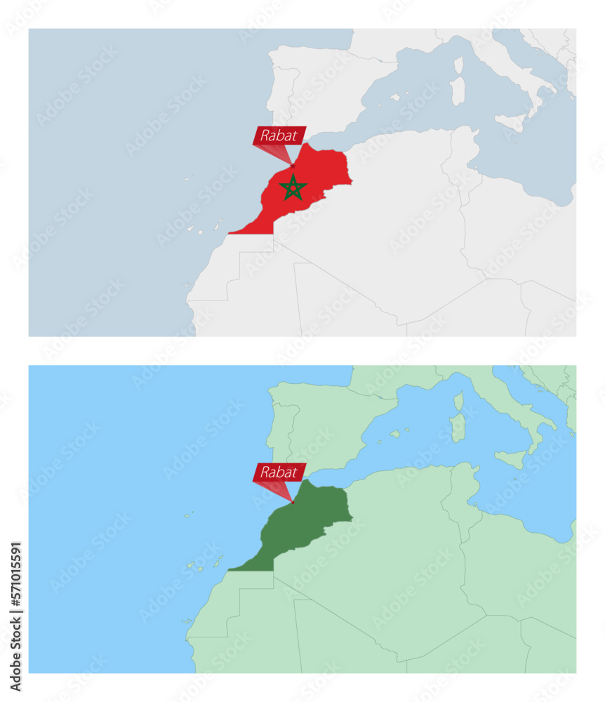 Morocco map with pin of country capital. Two types of Morocco map with ...