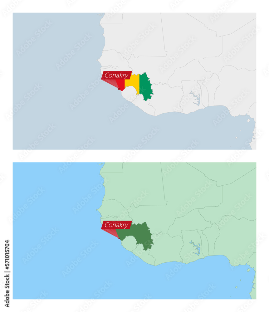 Guinea map with pin of country capital. Two types of Guinea map with ...