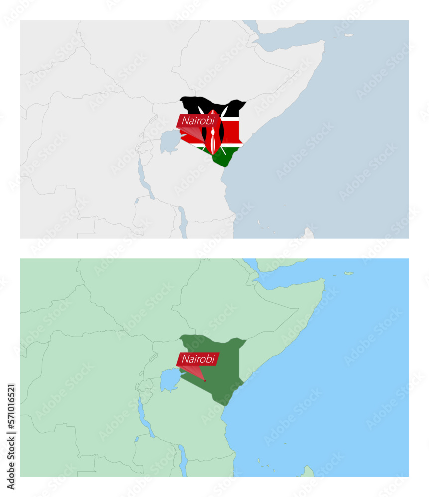 Kenya map with pin of country capital. Two types of Kenya map with ...