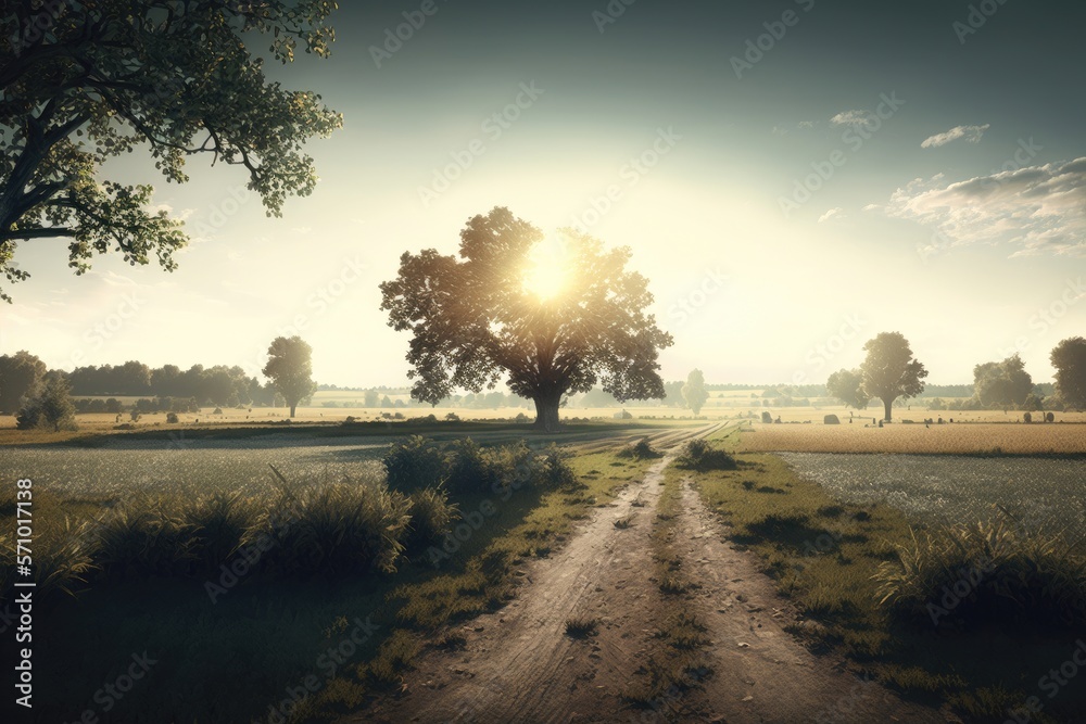 Beautiful field with green grass and trees, road and sunrise or sunset ...