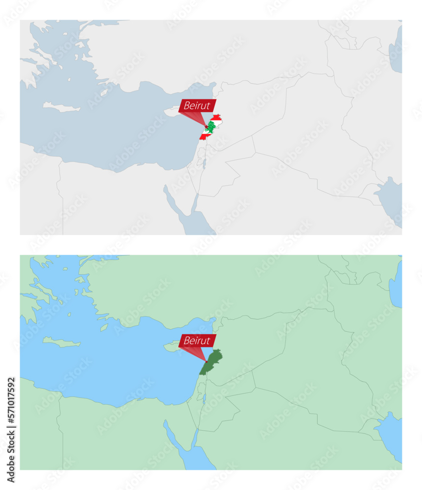 Lebanon map with pin of country capital. Two types of Lebanon map with ...