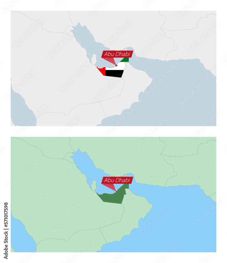 United Arab Emirates map with pin of country capital. Two types of ...
