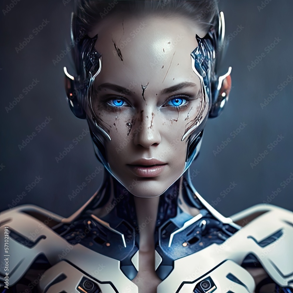 Lucy Flores, futuristic cyborg robot ai with no hair, only white ...