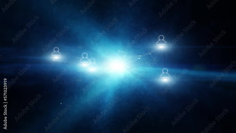 Glowing dark blue digital 3d cyber space with people icon signs ...