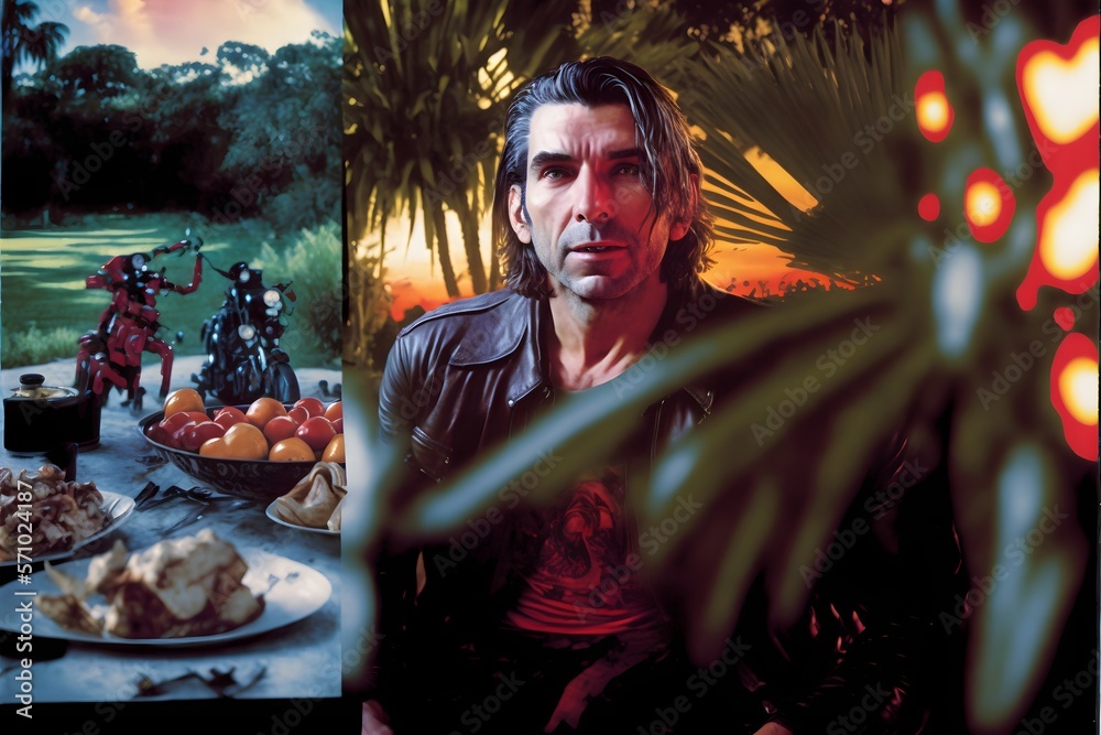 different variations eating BBQ at sunset wearing red leather jumpsuit ...