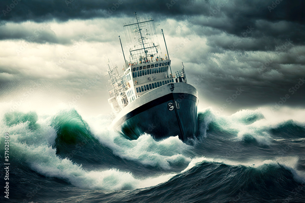 large powerful ship in heavy stormy sea boat in a rough sea, generative ...
