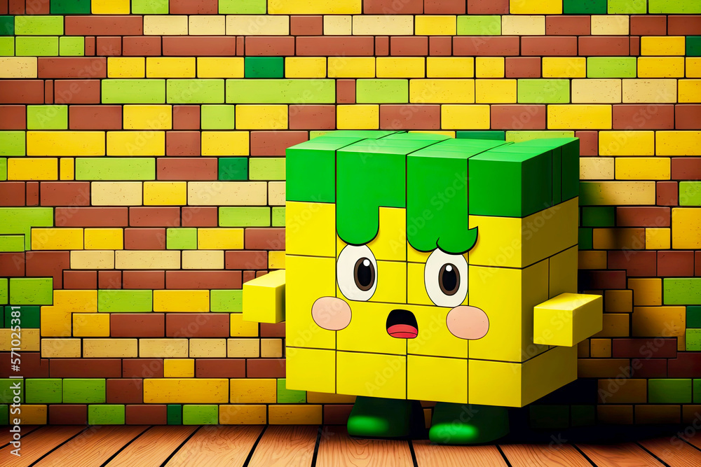 cute cartoon character brick yellow green color and pattern on wooden ...