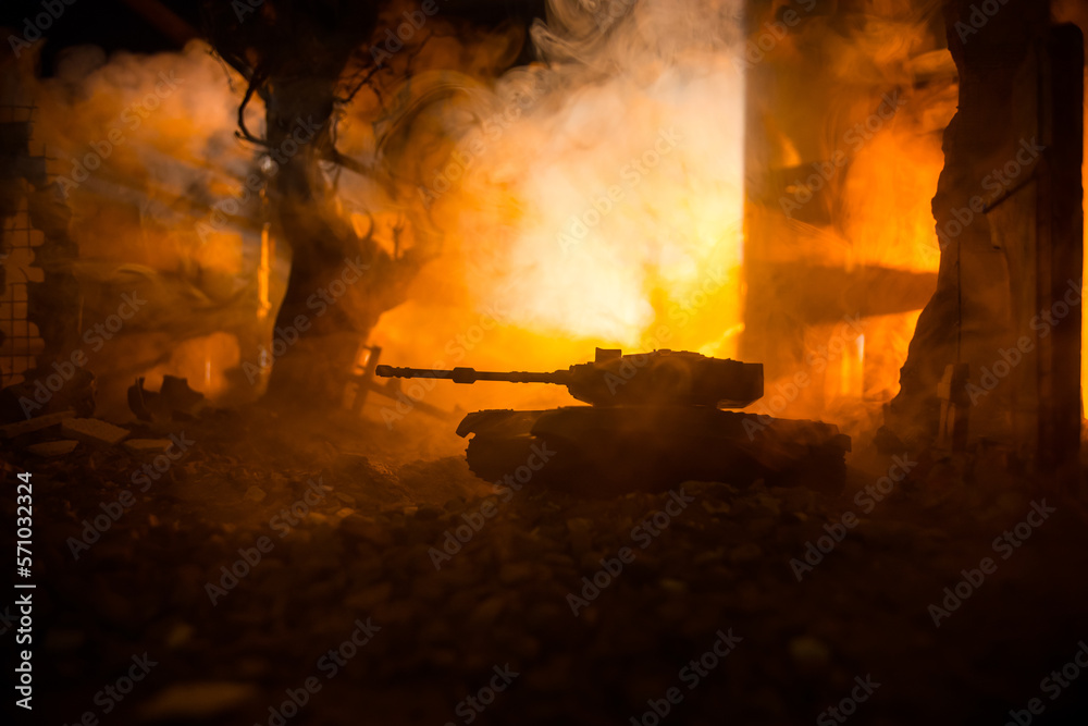 War Concept. Military silhouettes fighting scene on war fog sky ...