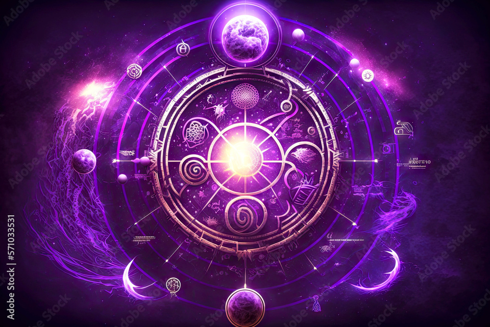symbols and figures depicting unifying energy of the universe on purple ...
