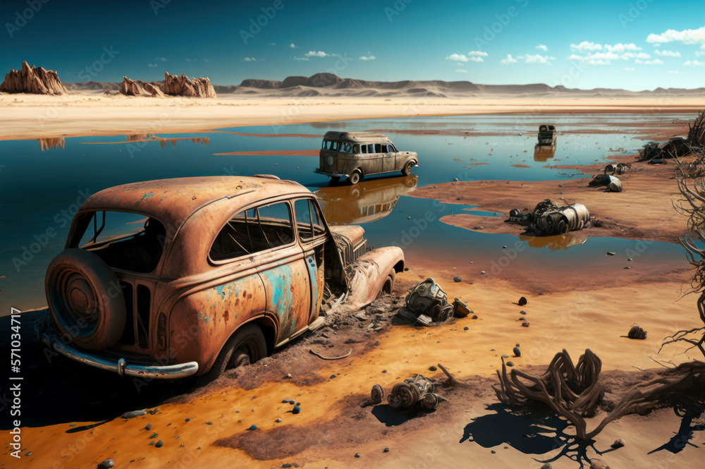 paisaje destruido por la sequía, océano seco barcos y coches oxidado ...