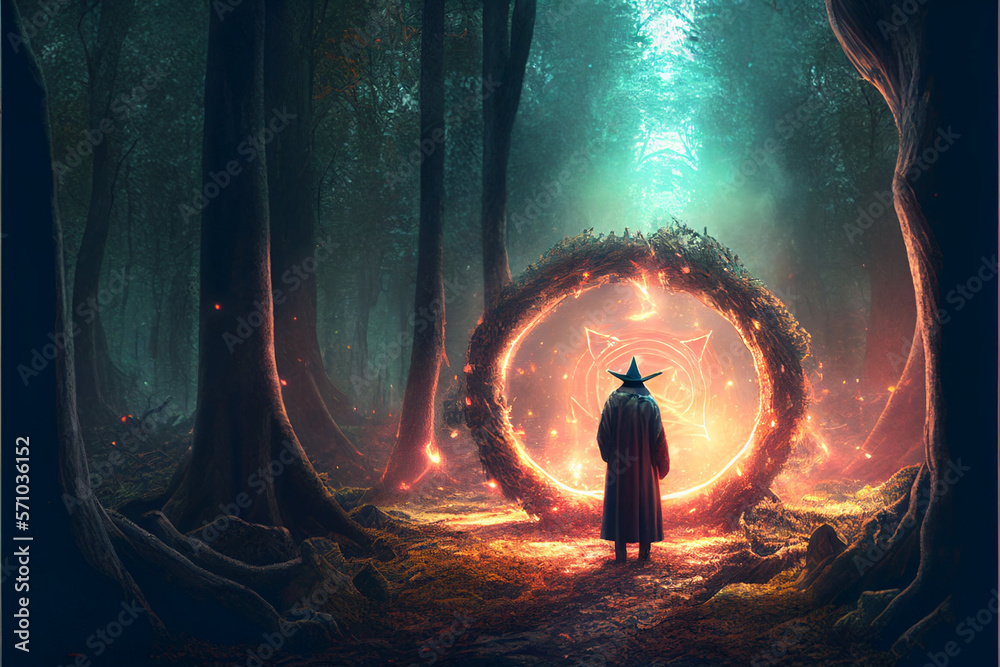 wizard summoning a portal in the dark forest, generative AI Stock ...