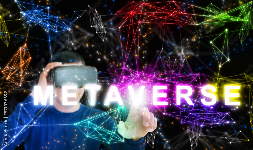 Metaverse. A man wearing VR glasses enters the Metaverse through a ...