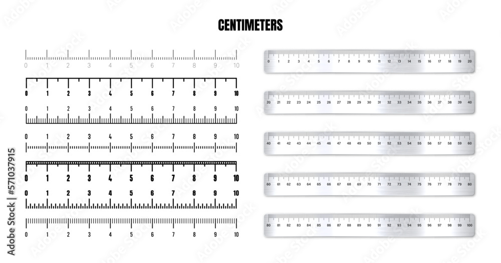Realistic metal rulers with black centimeter scale for measuring length or height. Various ...