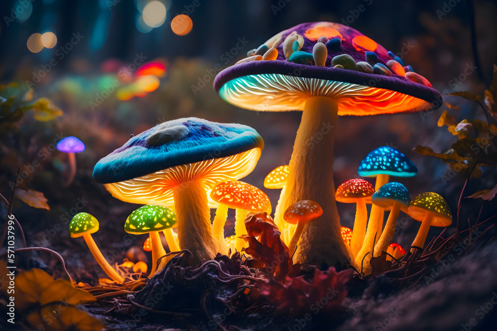 Fantastic color rainbow glowing mushrooms in a mysterious dark forest ...