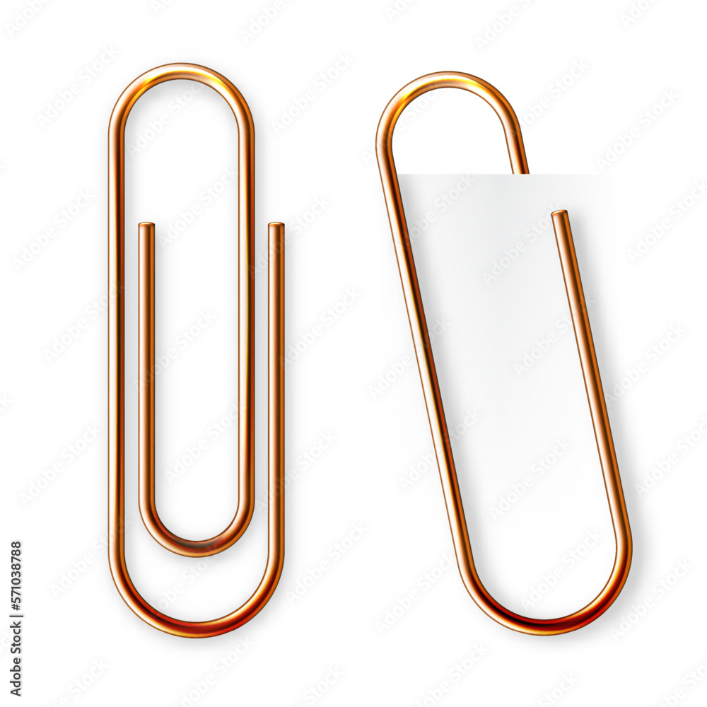 Realistic copper paperclip attached to paper isolated on white ...