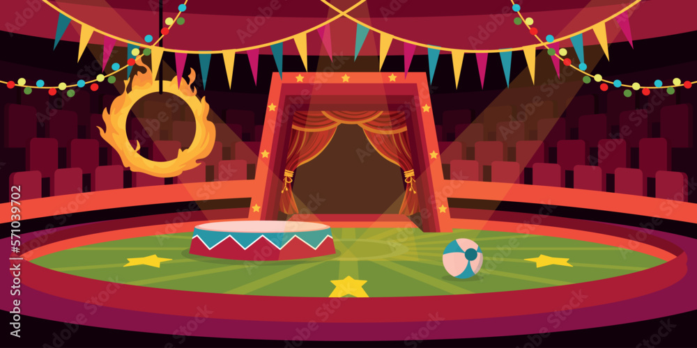 Vector illustration of a cartoon circus arena with a stage and circus ring, a ball under a tent ...