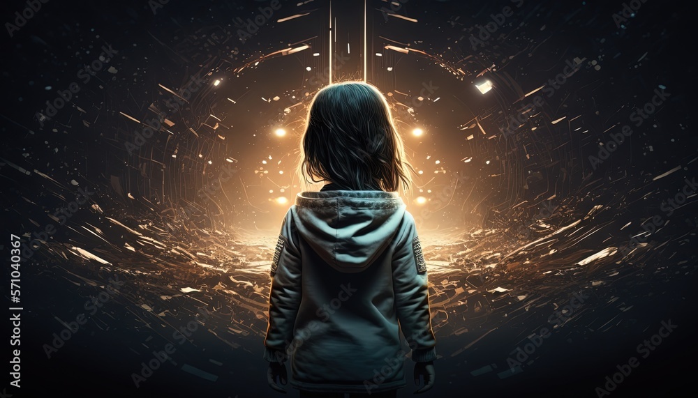 a girl in front of metaverse gate to cyber dimension realm, fantasy sci ...