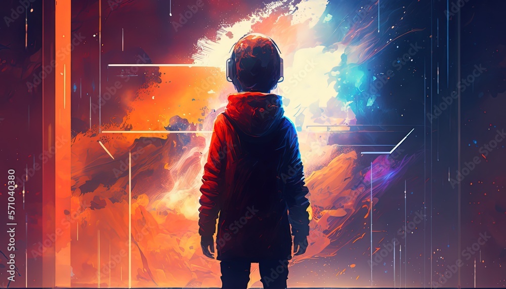 a boy in front of metaverse gate to cyber dimension realm, fantasy sci ...