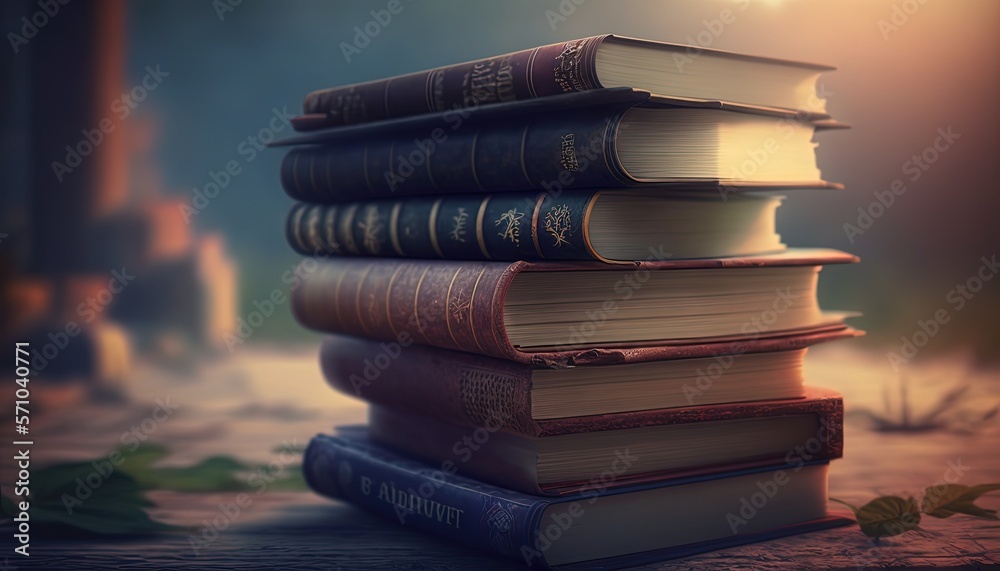 vintage ancient old books stack on table with smoke or mist drift, idea ...