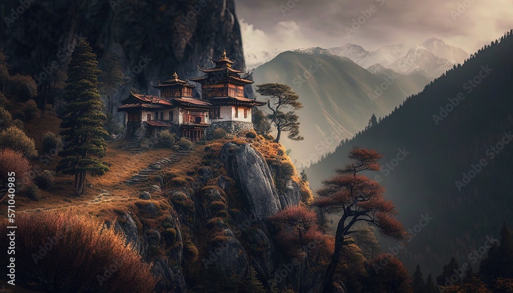 ancient Asian style building on rock cliff, idea for Asian background ...