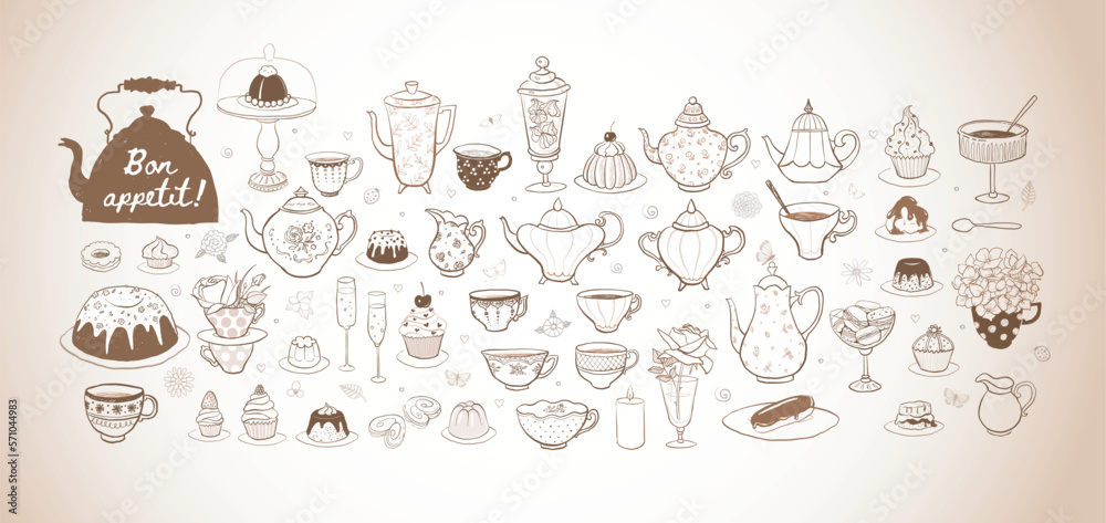 English tea party doodles in vintage style. Vintage tea set and sweets ...