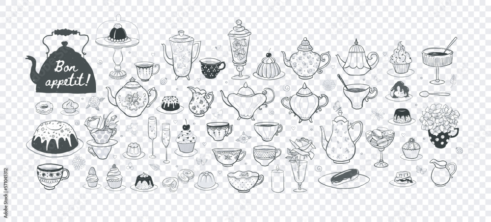 English tea party doodles with sweets and vintage tea set. Vector ...