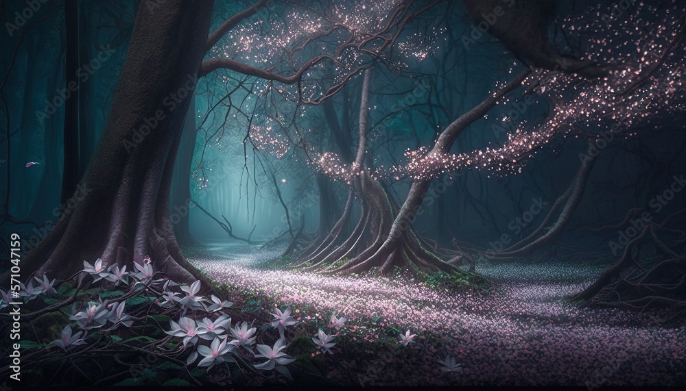 a painting of a forest with flowers and a path leading to a light at the end of the forest with ...