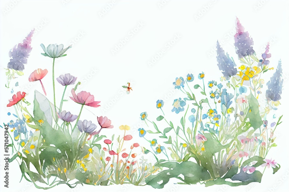 A watercolor illustration of a spring field where various flowers are ...
