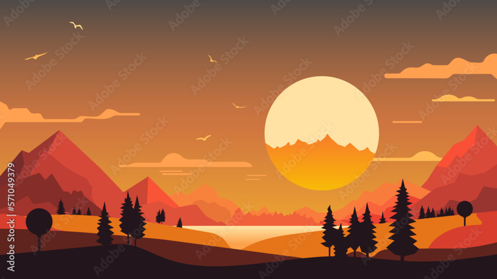 Cartoon Sunset Mountains