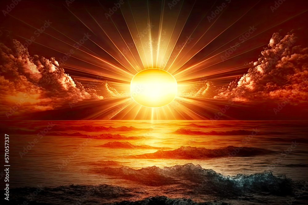 burning fiery sun with rays in sky over ocean the mind of god and ...
