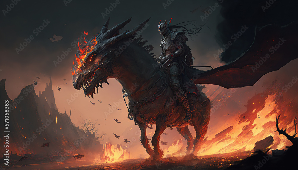 Surreal illustration of a knight riding a huge dragon. Stock ...