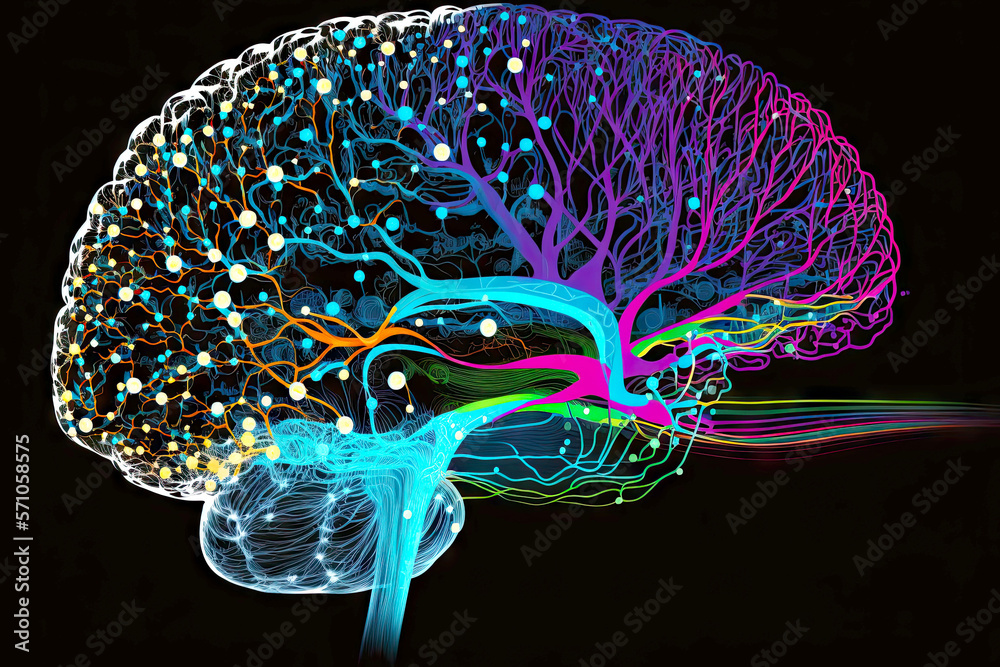 multicolored picture with image of brain and neural networks processing ...
