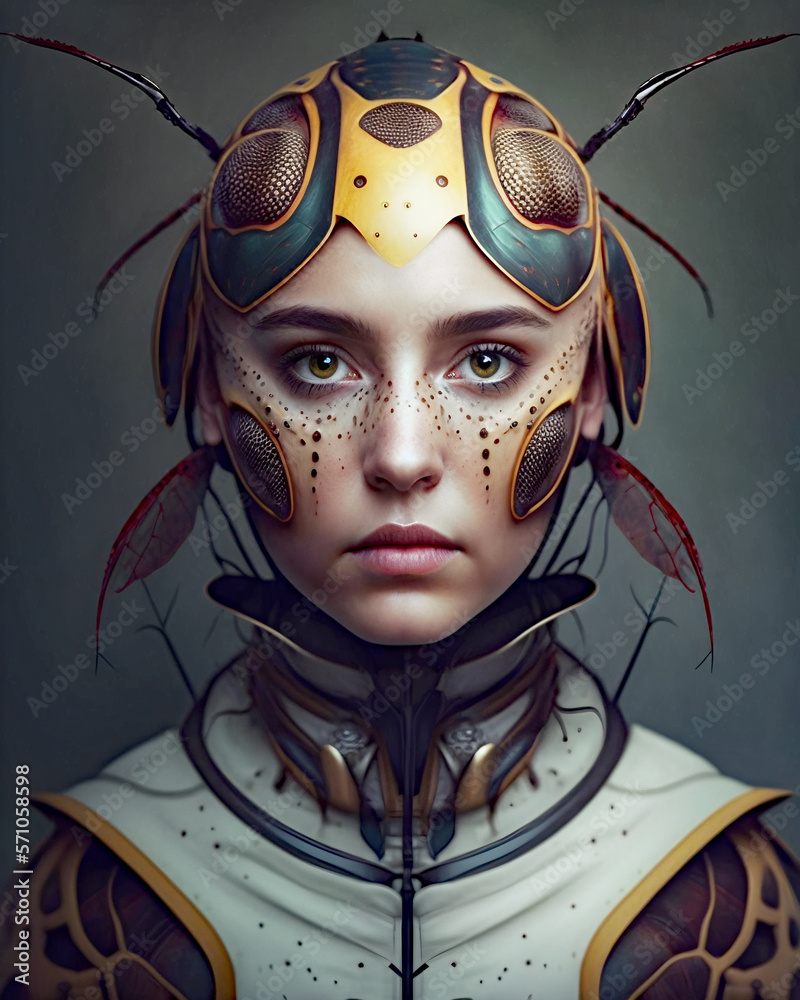 Ladybug disguise, woman with faceted bug eyes and insect antennae ...