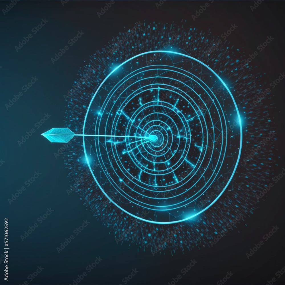 Smart goal setting, dart hit the center of dartboard glowing blue. Low ...