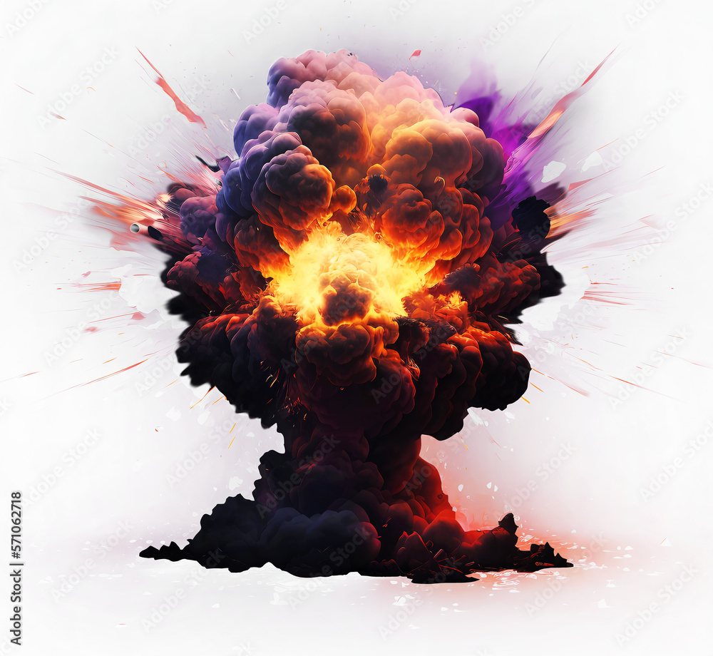 Realistic fiery explosion with streaks. Large fireball with black smoke ...