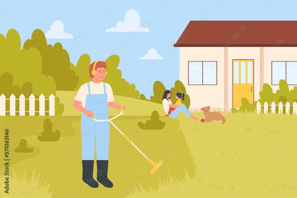Landscaping, mowing works vector illustration. Cartoon man walking with ...