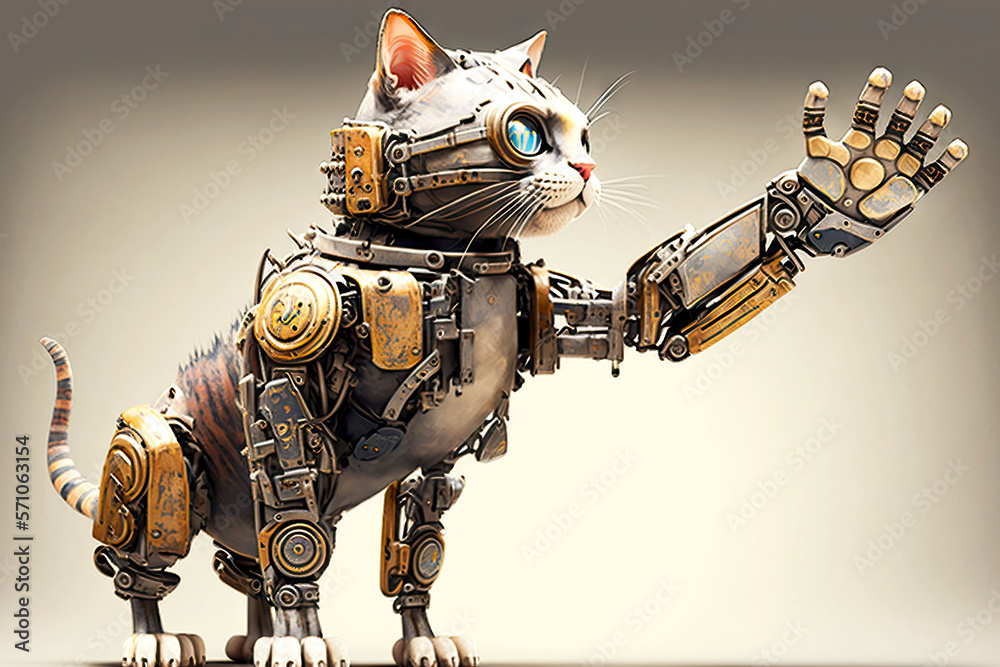 cat robot on stand raising paw and blinking its eyes, generative ai ...