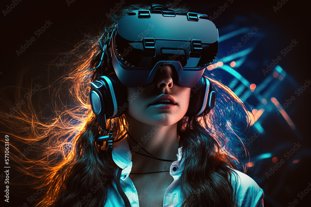 Girl in metaverse, young woman uses futuristic VR headset, generative ...
