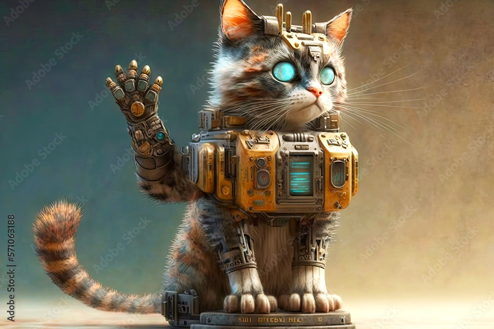 cat robot on stand raising paw and blinking its eyes, generative ai ...