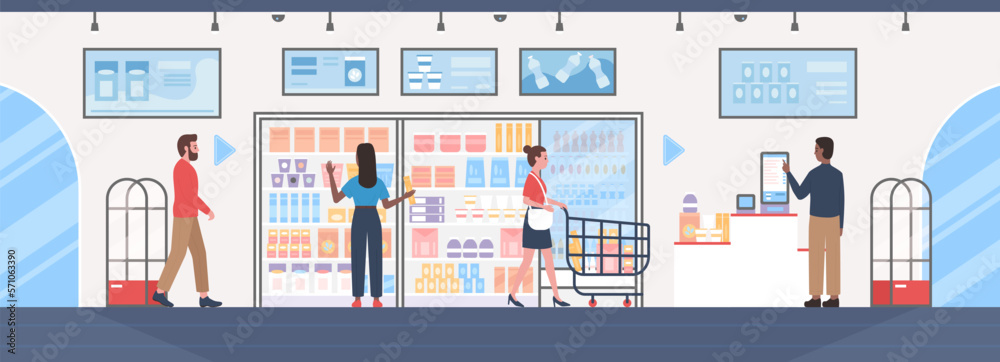 Self service in supermarket vector illustration. Cartoon store interior ...