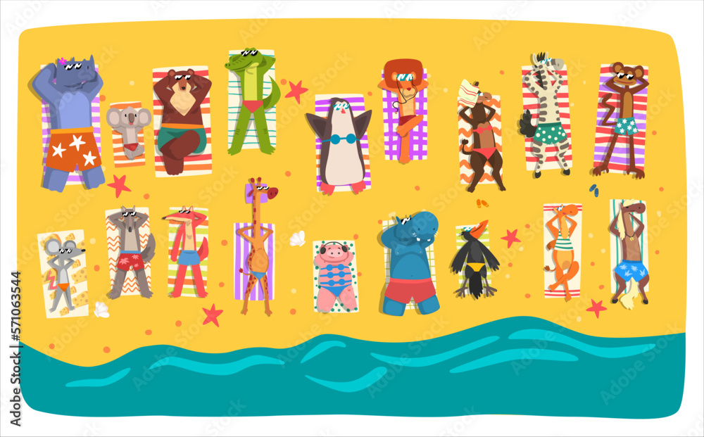 Poster Set of wild animals sunbathing on beach – Wall Art | UkPosters
