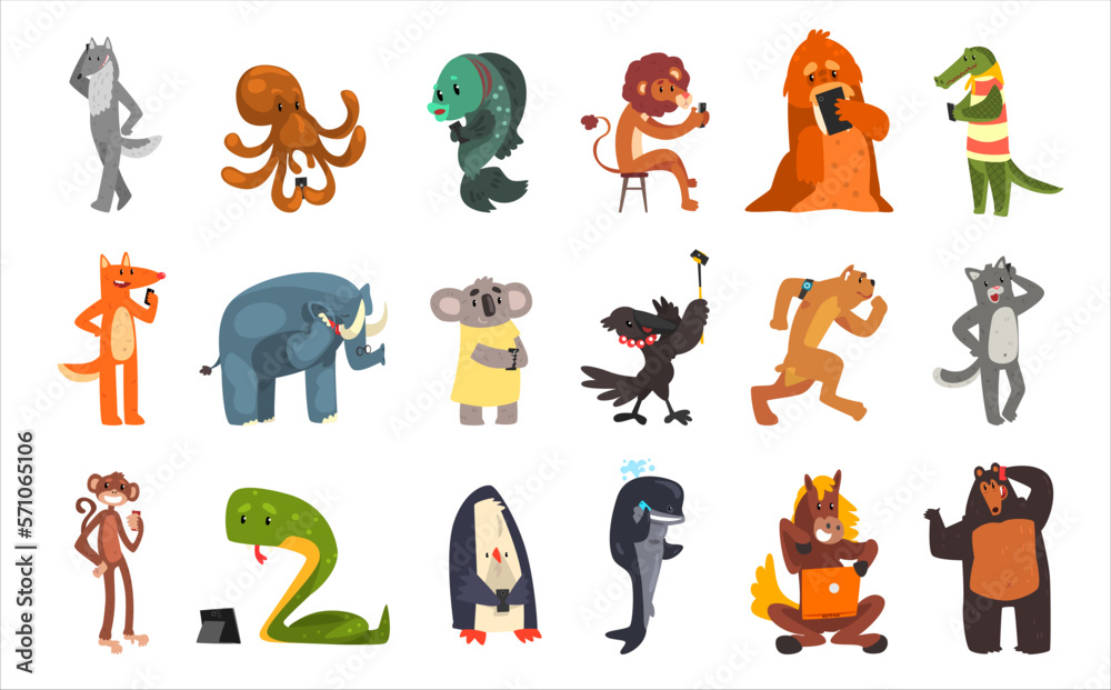Wild animals using modern electronic devices set. Wolf, octopus, lion ...
