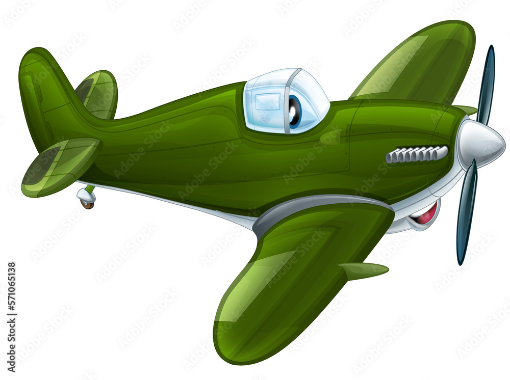 cartoon traditional military plane with propeller flying and smiling ...