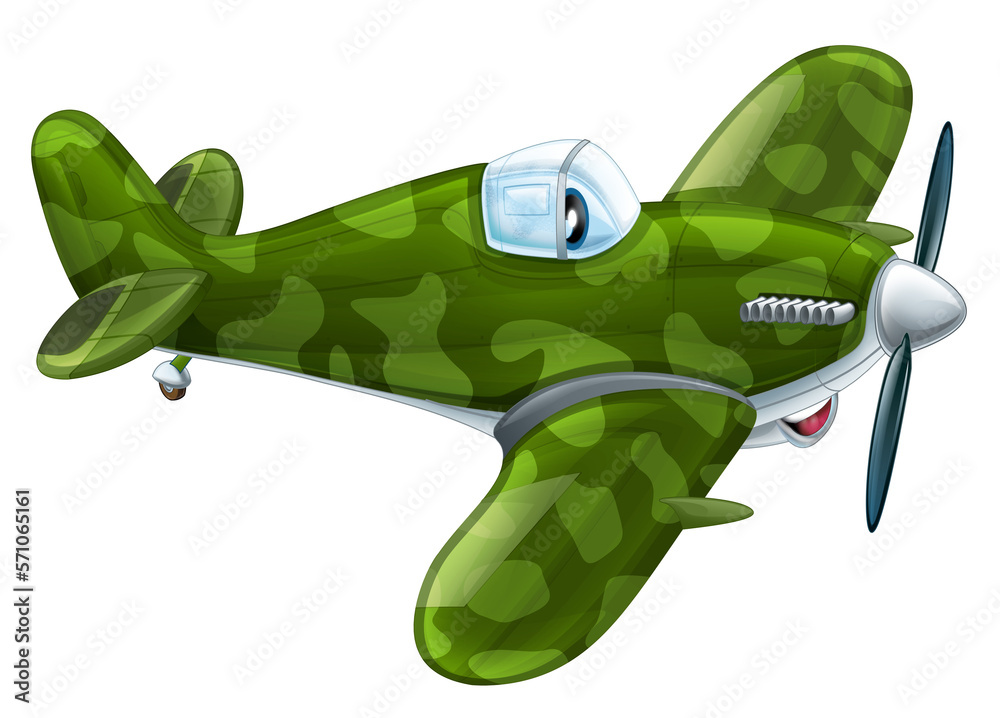 cartoon traditional military plane with propeller flying and smiling ...